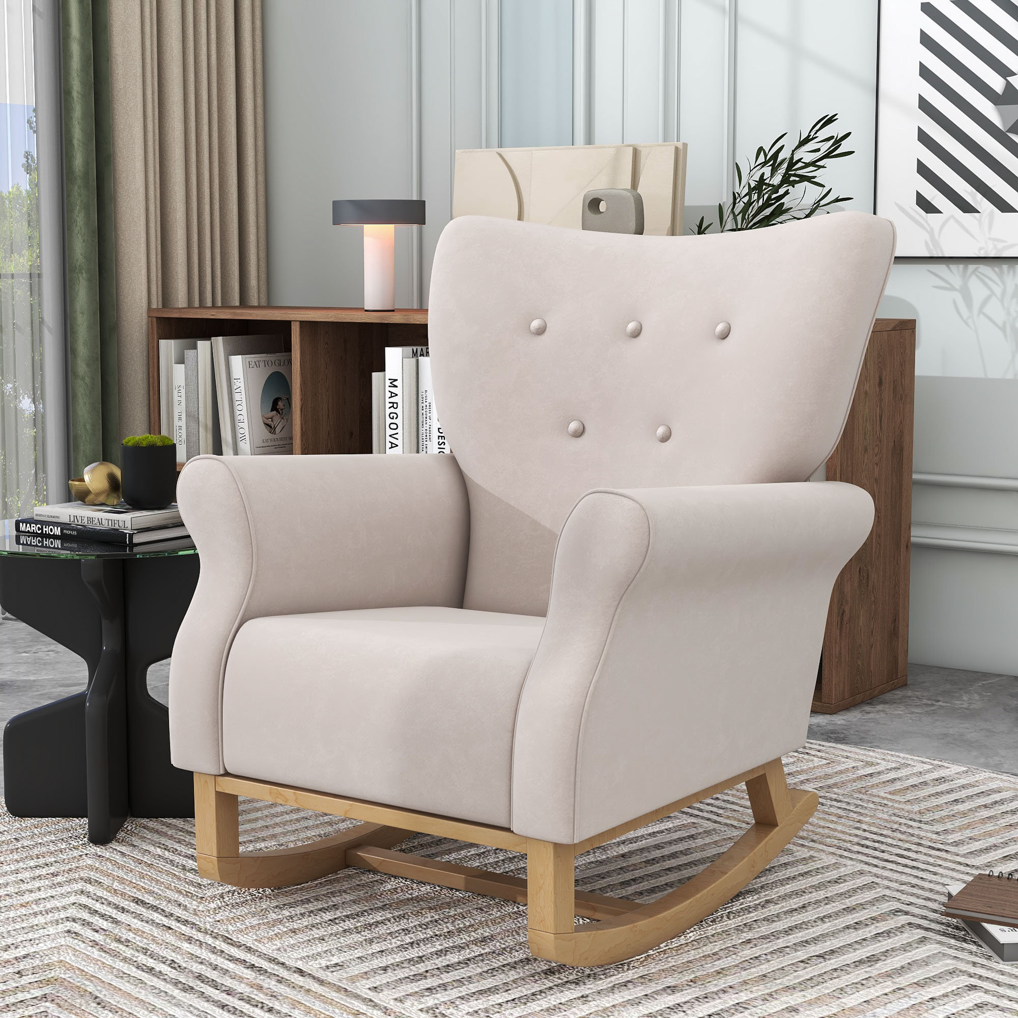 Jaxxton Rocking Chair Upholstered Armchair Accent Chair for Bedroom and Living Room House of Hampton Fabric Beige